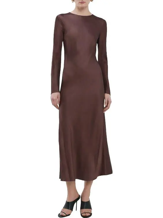Mango Long Sleeve Satin Midi Dress - Brown