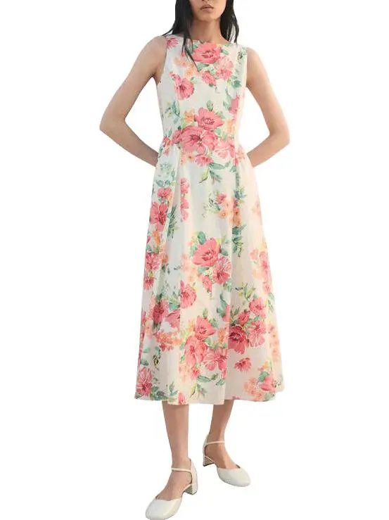Mango Floral Sleeveless Cotton Midi Dress - Off White