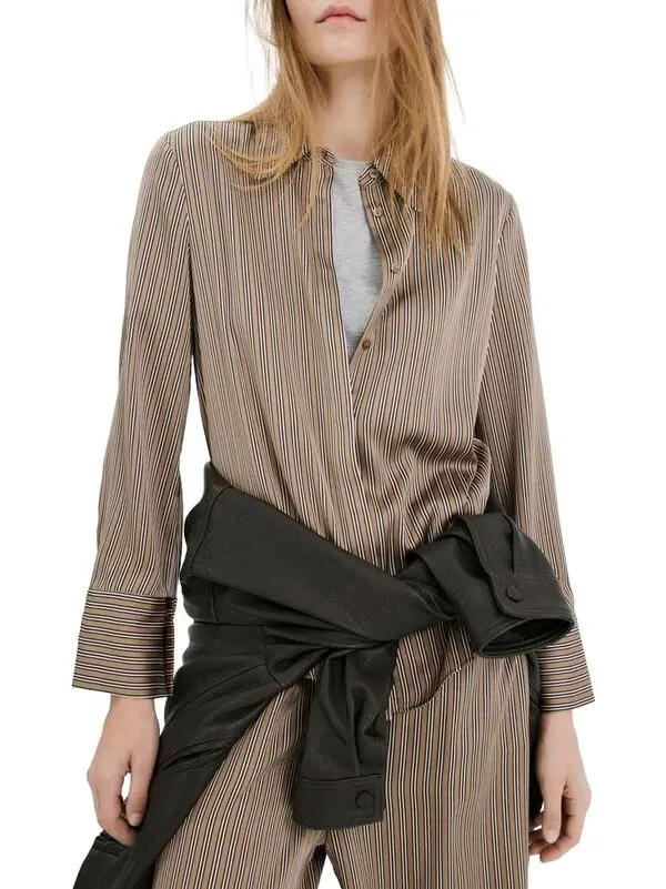 Mango Stripe Satin Button-up Shirt - Medium Brown