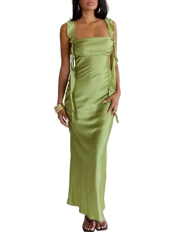 Princess Polly Lanai Ruffle Sleeveless Gown - Olive