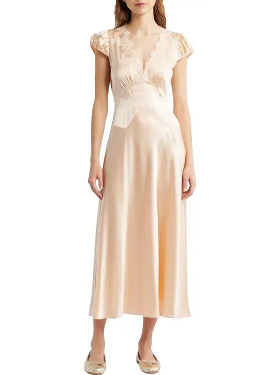 DÔEN Coraline Lace Trim Silk Satin Midi Dress - Peach Sorbet