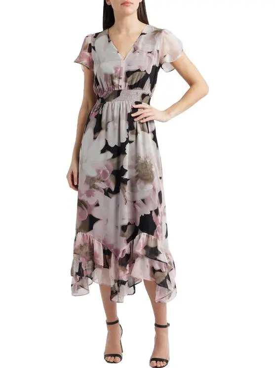 Anne Klein Print Ruffle Midi Dress - Anne Black/grey Multi