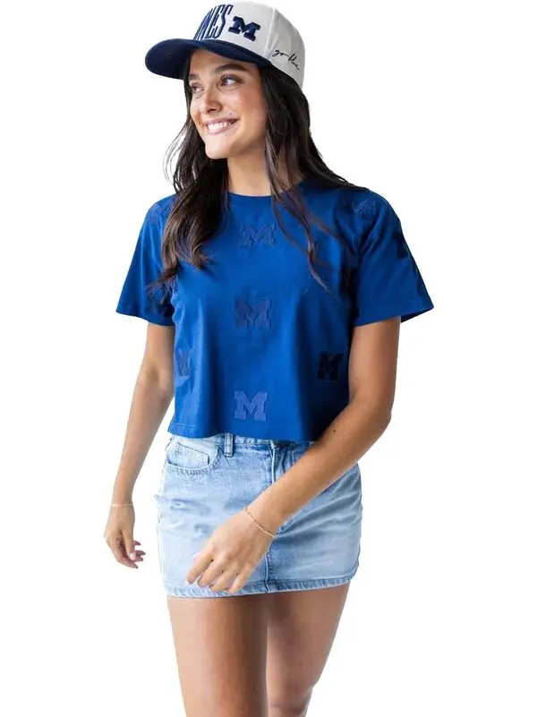 GAMEDAY SOCIAL Michigan Wolverines Allover Print Heavyweight Cropped T-shirt - Navy