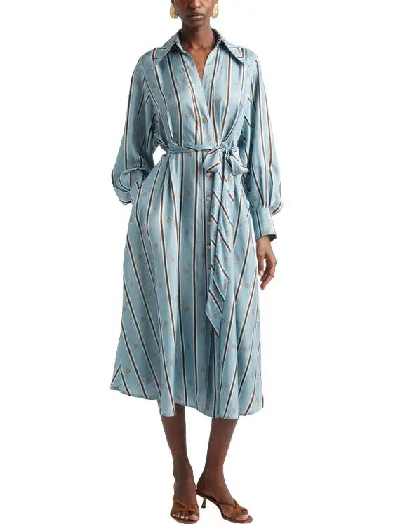 Zimmermann Emblem Tuck Long Sleeve Belted Midi Shirtdress - Blue Emblem