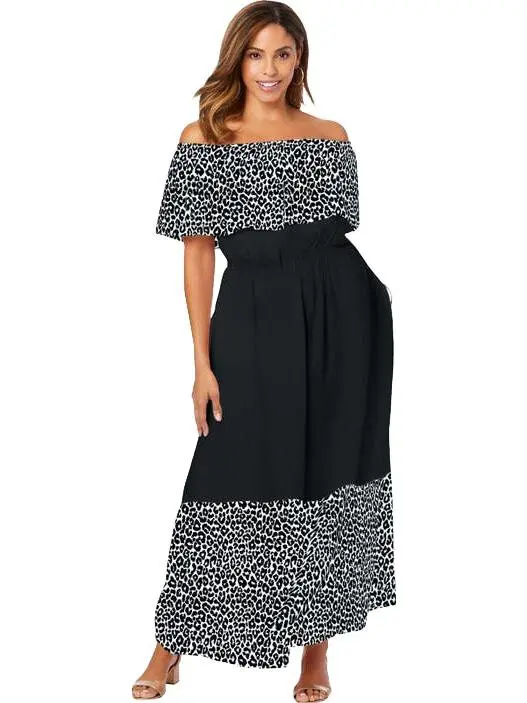 JESSICA LONDON Off-the-shoulder Maxi Dress - Black White Cheetah