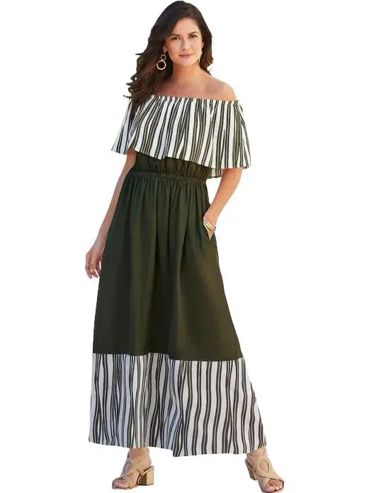 JESSICA LONDON Off-the-shoulder Maxi Dress - Olive Green Stripe