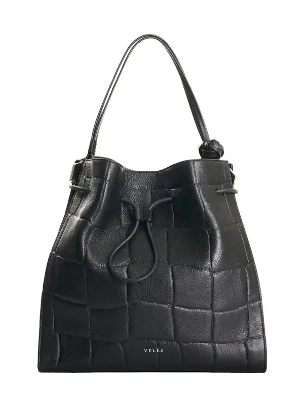 VELEZ Embossed Leather Shopper Tote Bag - Black