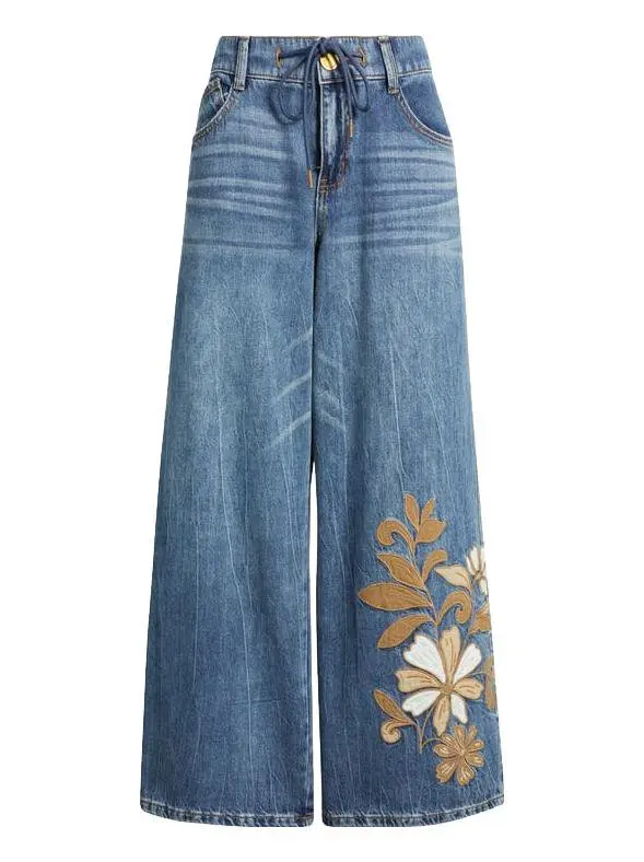 Wit & Wisdom Flower Appliqué High-waist Wide-leg Jeans - Mid Blue Artisanal