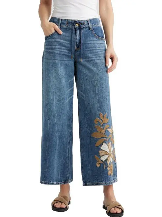 Wit & Wisdom Flower Appliqué High-waist Wide-leg Jeans - Mid Blue Artisanal