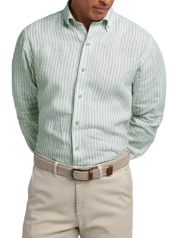 David Donahue Linen Stripe Sport Shirt - Sage