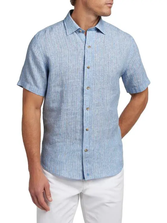 David Donahue Stripe Linen Short Sleeve Button-up Shirt - Blue