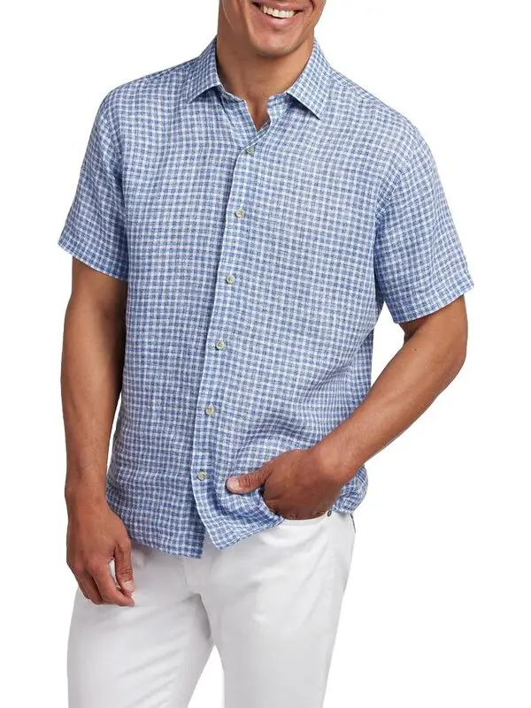 David Donahue Check Linen Short Sleeve Button-up Shirt - Navy/sky