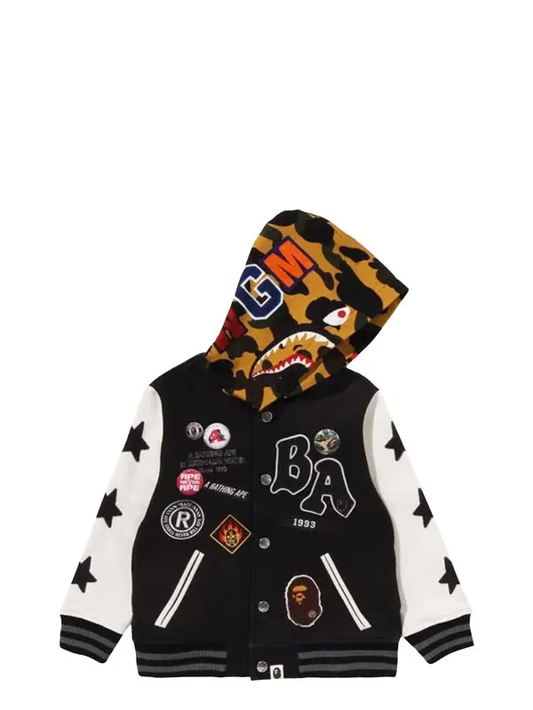A BATHING APE 1st Camo Shark Hoodie Print Sweat Varsity Jacket - Black