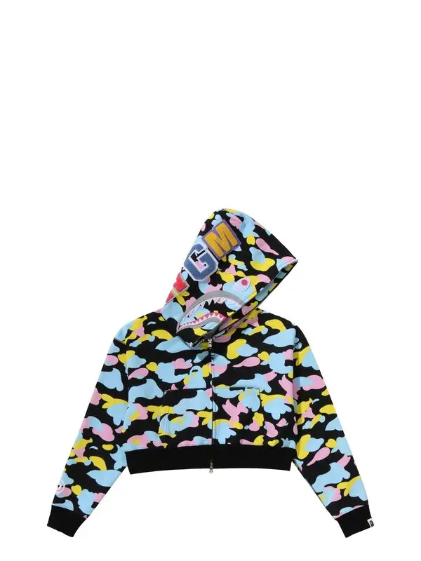A BATHING APE Multi Camo Shark Cropped Full Zip Hoodie - Black