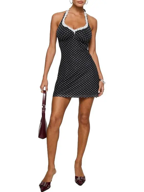 Princess Polly Polka Dot Halter Mini Dress - Black/polka