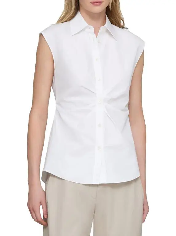 Lafayette 148 New York Sleeveless Button-up Shirt With Pleated Detail - White