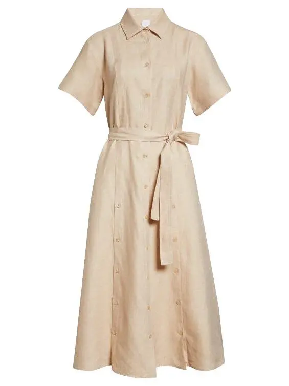 Eleventy Linen Blend Belted Shirtdress - Taupe Cognac