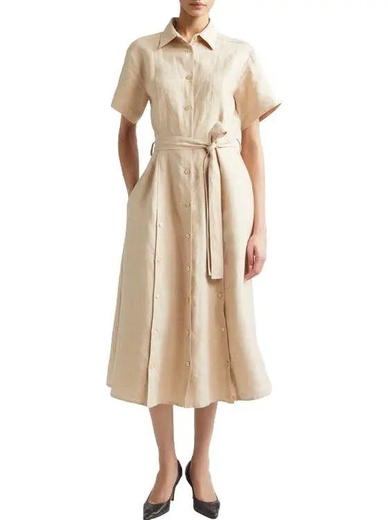 Eleventy Linen Blend Belted Shirtdress - Taupe Cognac