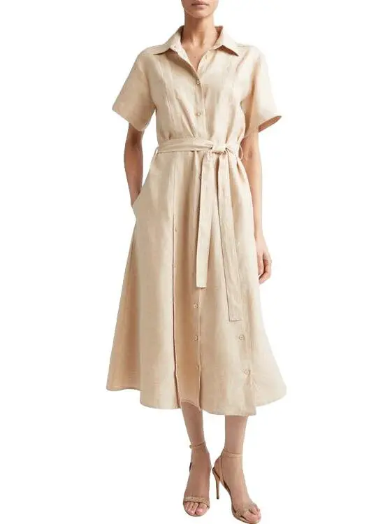 Eleventy Linen Blend Belted Shirtdress - Taupe Cognac