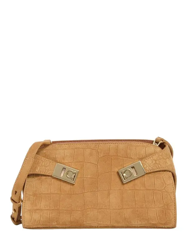 FERRAGAMO Hug Croc-embossed Suede Shoulder Bag - Naturale
