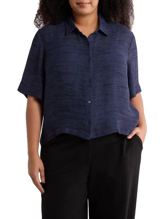Eileen Fisher Classic Collar Elbow Sleeve Linen Blend Button-up Shirt - Ink