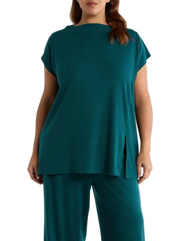 Eileen Fisher Rib Boxy Funnel Neck Top - Kelp