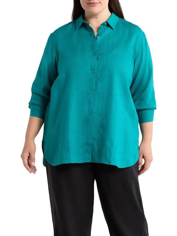 Eileen Fisher Classic Collar Organic Linen Long Button-up Shirt - Teal