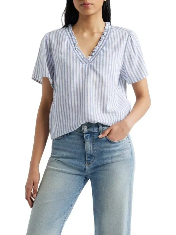 BEACHLUNCHLOUNGE Bree Ruffle Linen & Cotton Top - Misty Lines