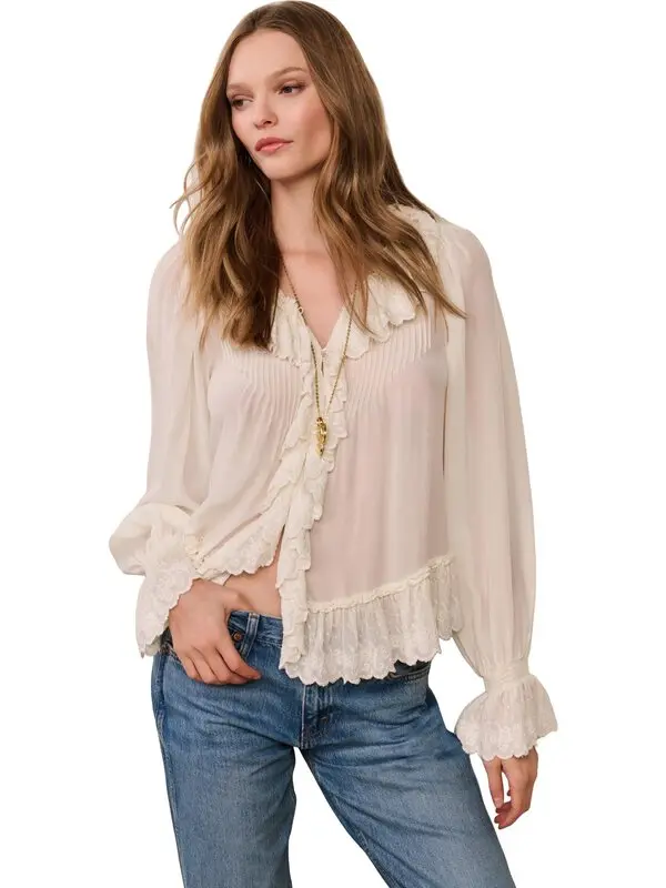 LoveShackFancy Avee Silk Ruffle Blouse - Cream