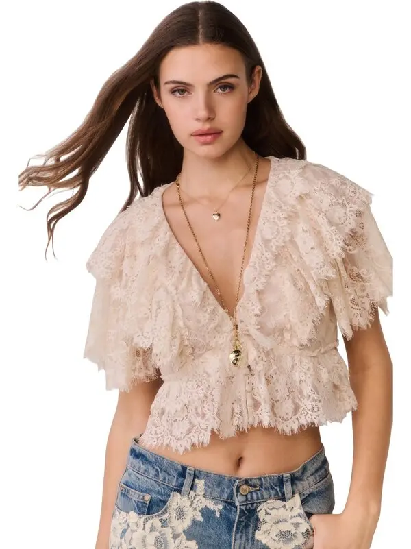 LoveShackFancy Caper Lace Ruffle Crop Top - Ivory