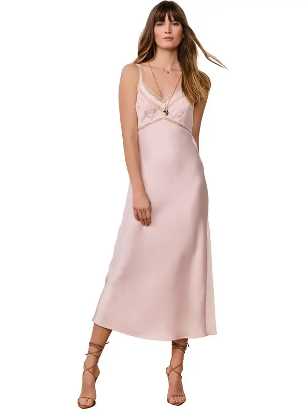 LoveShackFancy Annabeth Embroidered Satin Midi Dress - Tonal Blush
