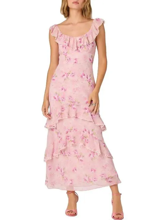 Astr The Label Laisha Floral Ruffle Trim Midi Dress - Pink Floral