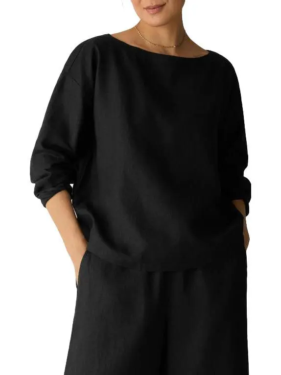 Eileen Fisher Boxy Bateau Neck Organic Linen Top - Black