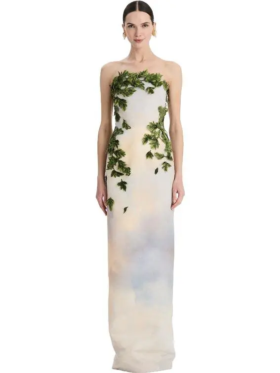 Oscar De La Renta Maple Leaf Appliqué Column Gown - Natural