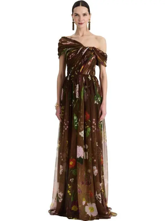 Oscar De La Renta Mixed Botanical Silk Chiffon Off-shoulder Gown - Natural