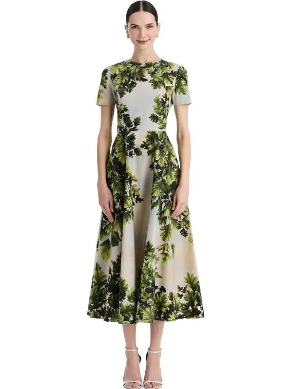 Oscar De La Renta Maple Leaves Cotton Poplin Dress - Natural