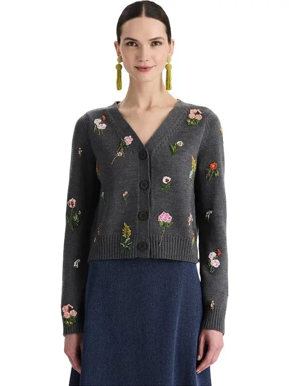 Oscar De La Renta Mini Mixed Botanical Threadwork V-neck Cardigan - Natural
