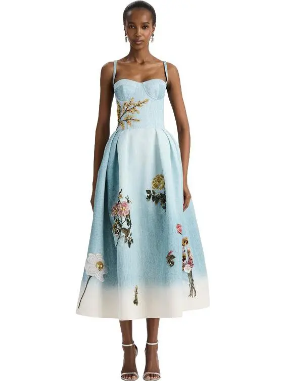 Oscar De La Renta Beaded Mixed Botanical Bustier Dress - Natural