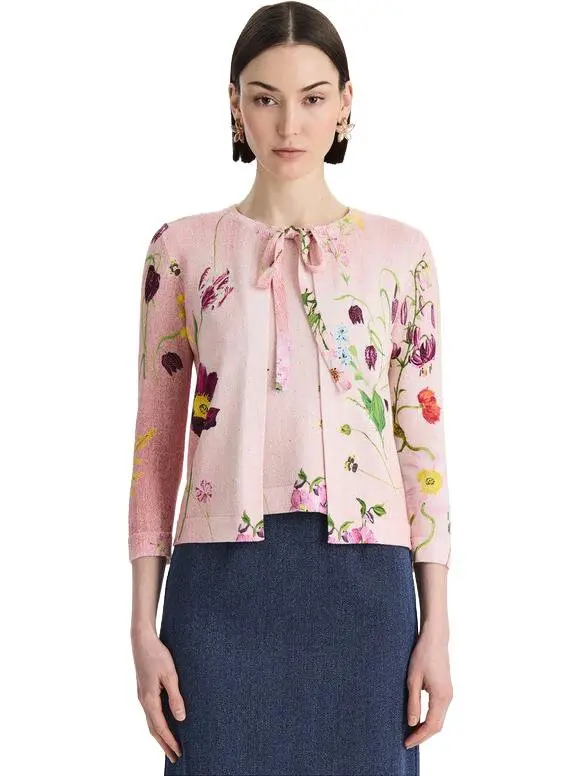 Oscar De La Renta Mixed Botanical Printed Tie Neck Cardigan - Natural