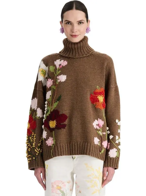 Oscar De La Renta Mixed Botanical Embroidered Turtleneck Pullover - Red