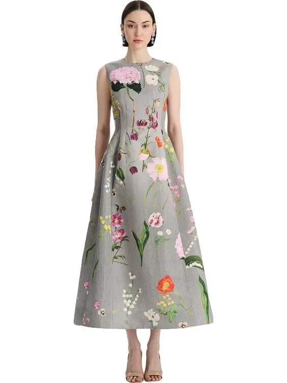 Oscar De La Renta Mixed Botanical Faille Cocktail Dress - Natural