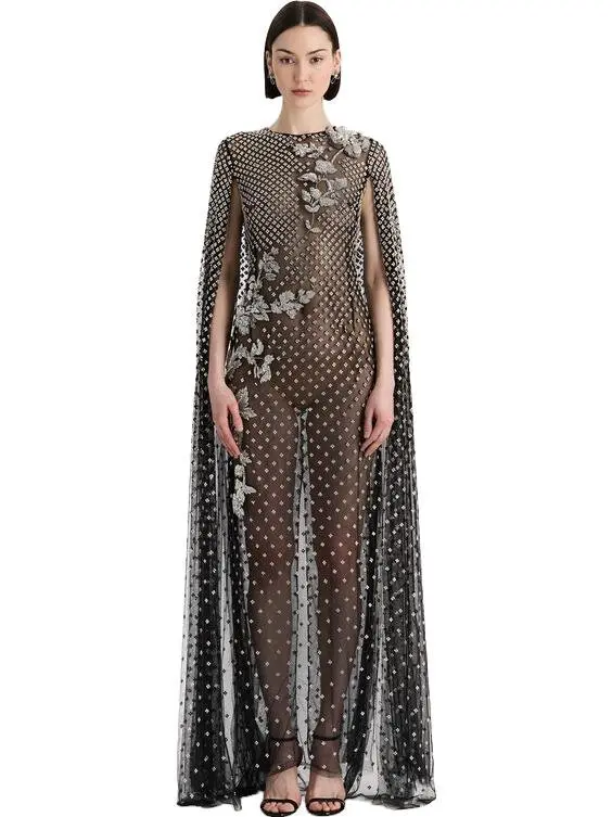 Oscar De La Renta Crystal Grid Embroidered Caftan - Floral