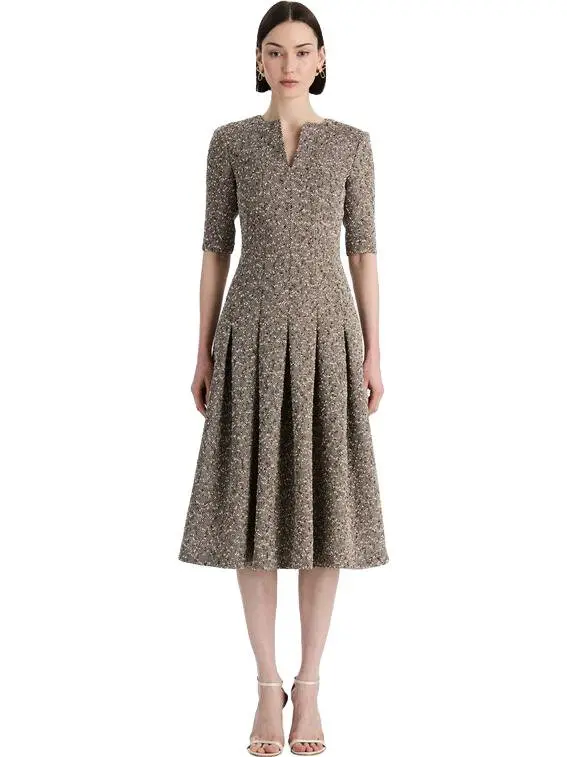Oscar De La Renta Slub Wool Tweed Split-neck Dress - Natural