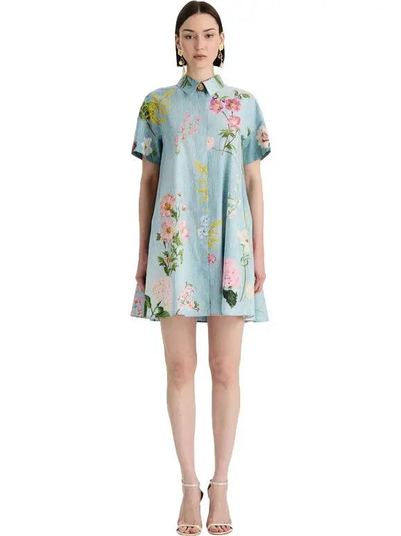 Oscar De La Renta Mixed Botanical Cotton Poplin Shift Dress - Natural