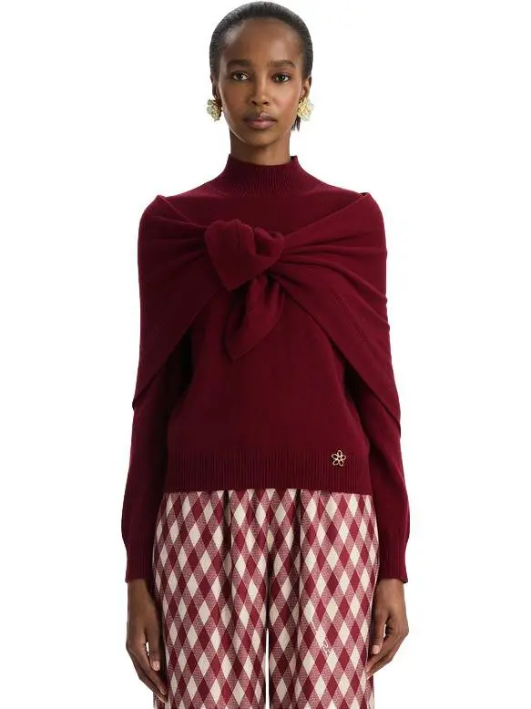 Oscar De La Renta Flower Cashmere Mock Neck Pullover With Scarf - Natural
