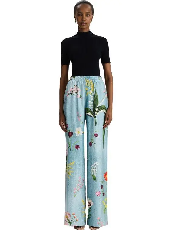 Oscar De La Renta Mixed Botanical Silk Twill Wide Leg Pant - Natural