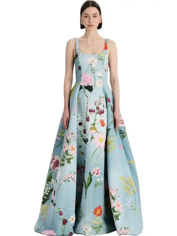 Oscar De La Renta Mixed Botanical Faille Gown - Natural