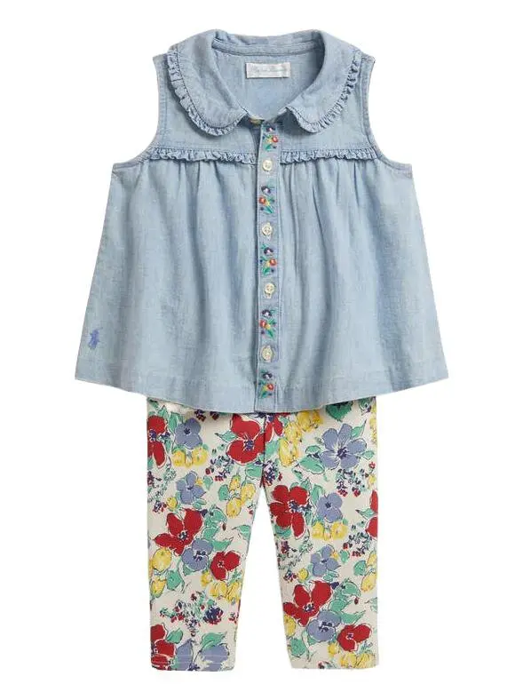 Ralph Lauren Embroidered Ruffle Chambray Top And Floral Jersey Leggings Set - New Medium Wash