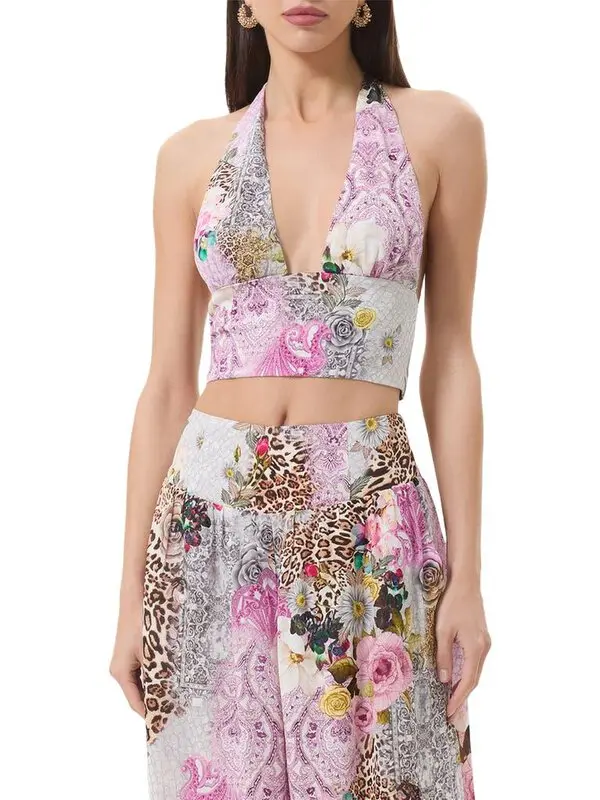 AFRM Sylas Mix Print Plunge Halter Neck Crop Top - Natural Patchwork