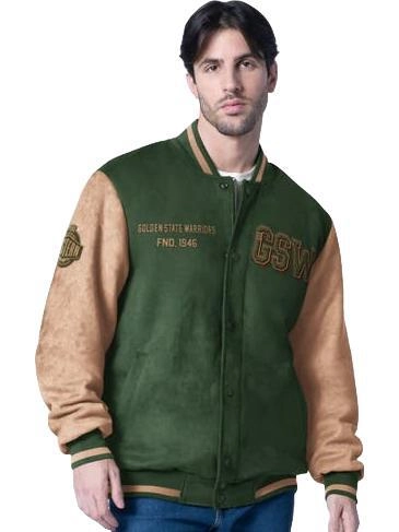 G-III SPORTS BY CARL BANKS Golden State Warriors Infielder Faux Suede Varsity Jacket - Olive